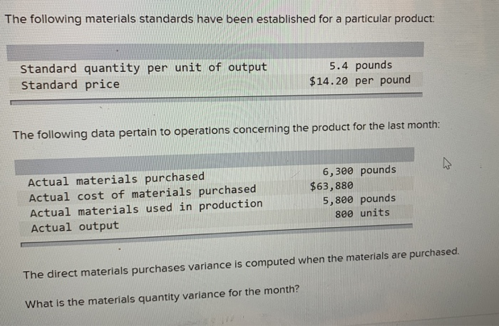 Solved The following materials standards have been | Chegg.com