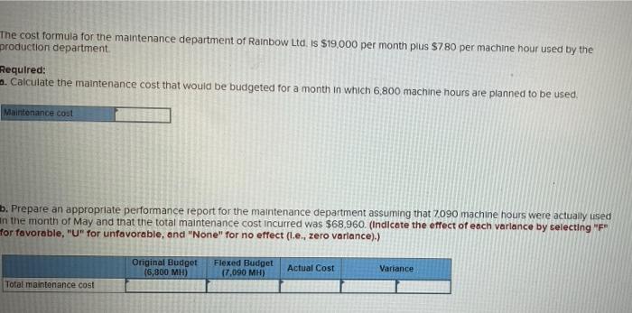 Solved The cost formula for the maintenance department of | Chegg.com