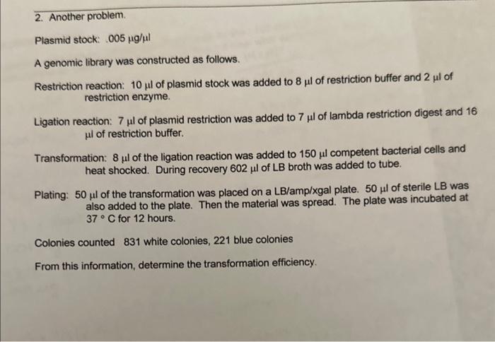 Solved Plasmid stock: .005μg/μl A genomic library was | Chegg.com