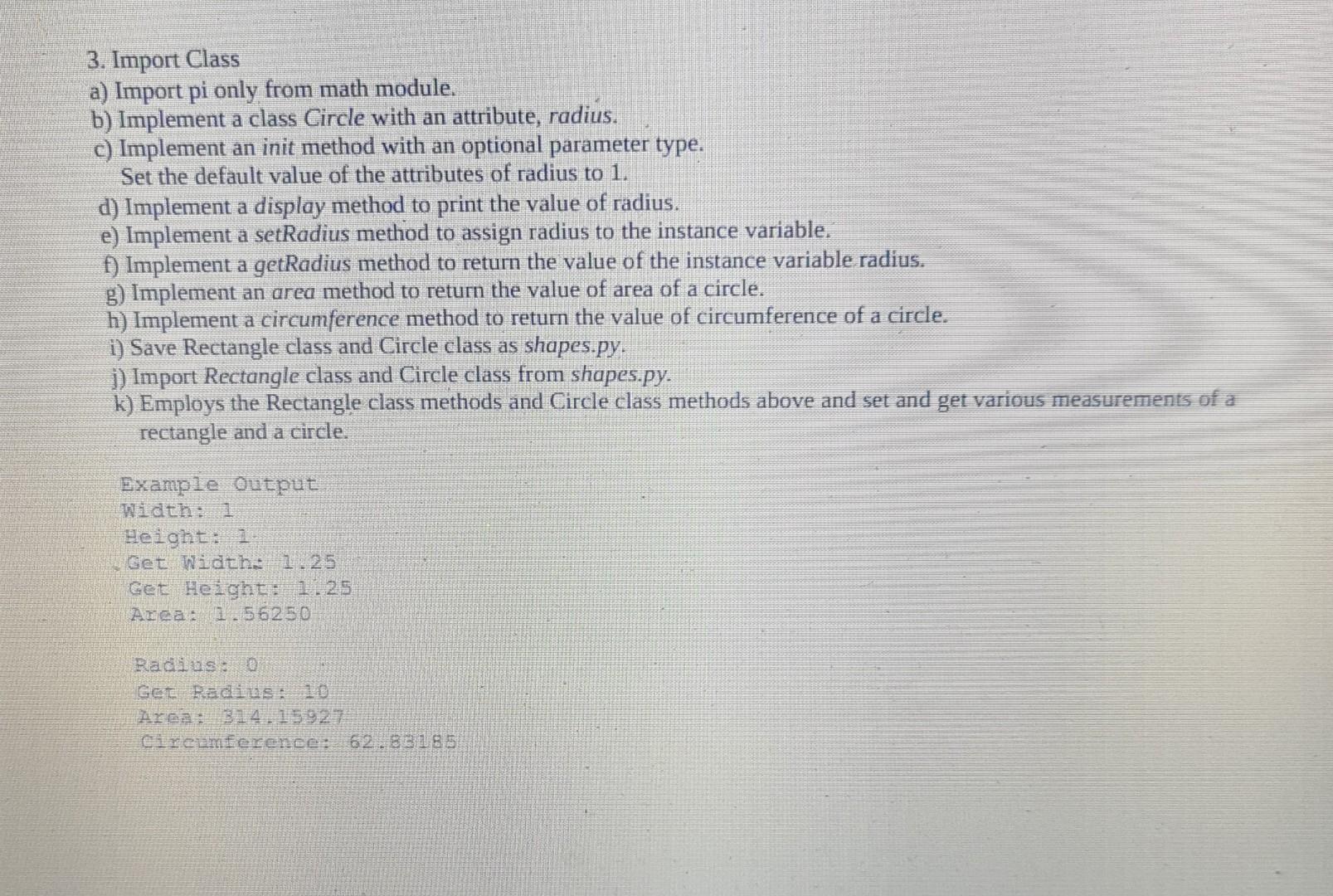 3. Import Class a) Import pi only from math module. | Chegg.com