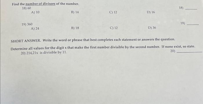 Solved Find the number of divisors of the number. 18) 60 18) | Chegg.com