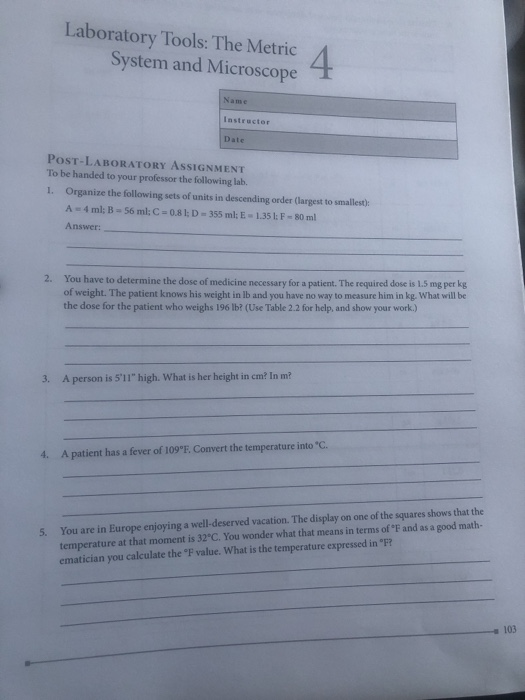 Solved Laboratory Tools: The Metric System and Microscope A | Chegg.com