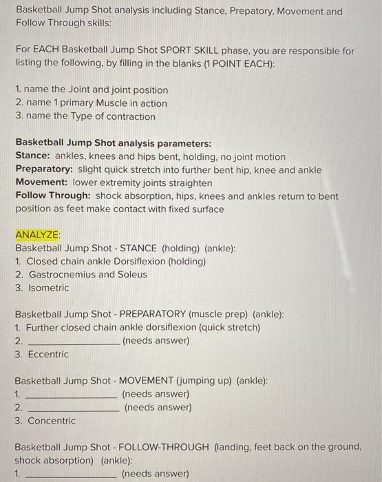 Solved Basketball Jump Shot analysis including Stance, | Chegg.com