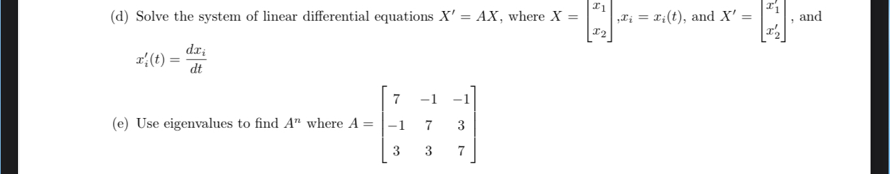 Solved (d) ﻿Solve the system of linear differential | Chegg.com