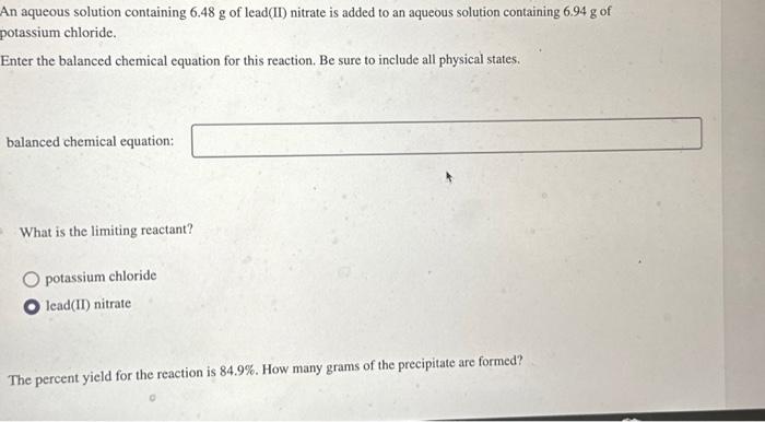Solved An aqueous solution containing 6.48 g of lead(II) | Chegg.com