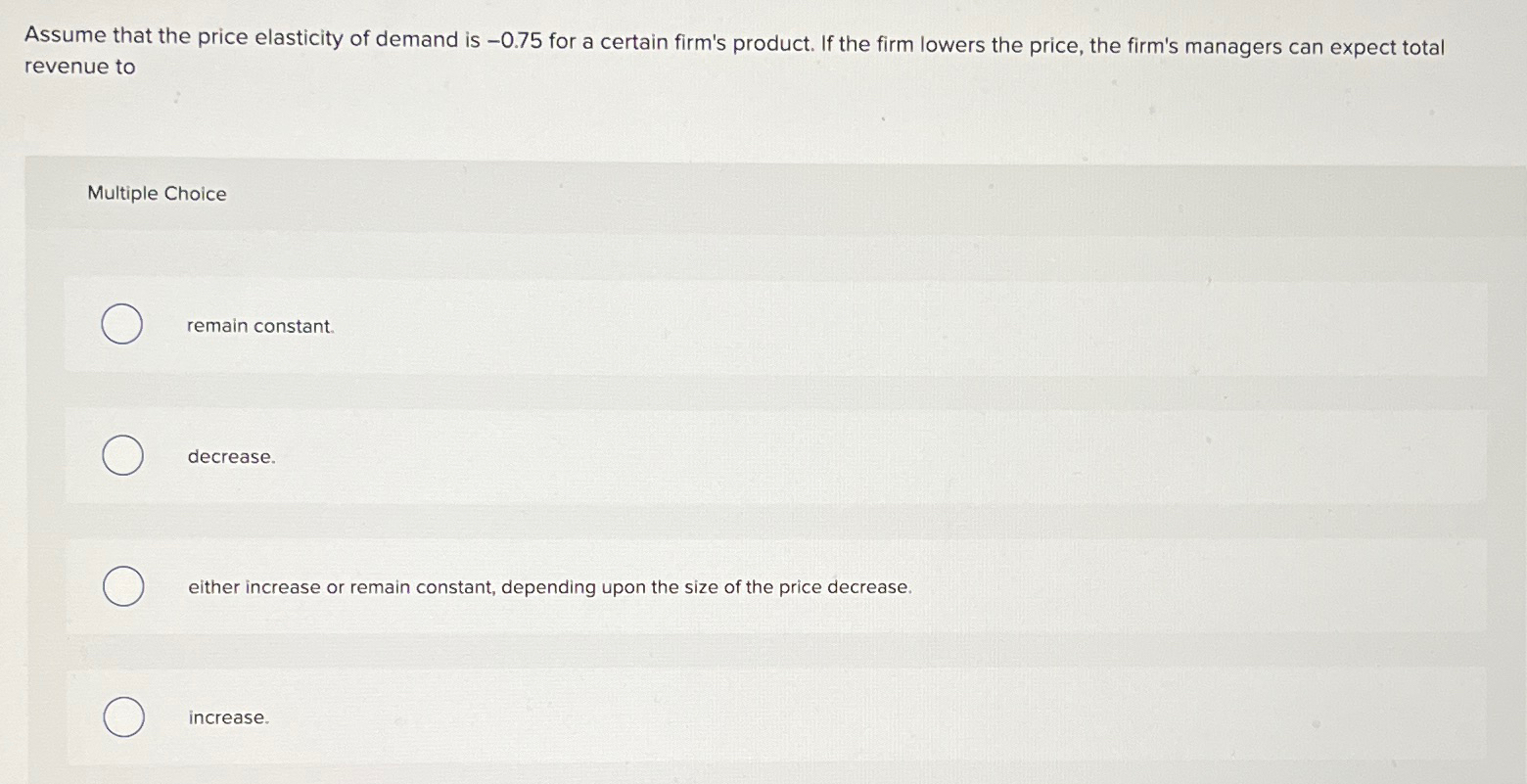 Solved Assume that the price elasticity of demand is -0.75 | Chegg.com