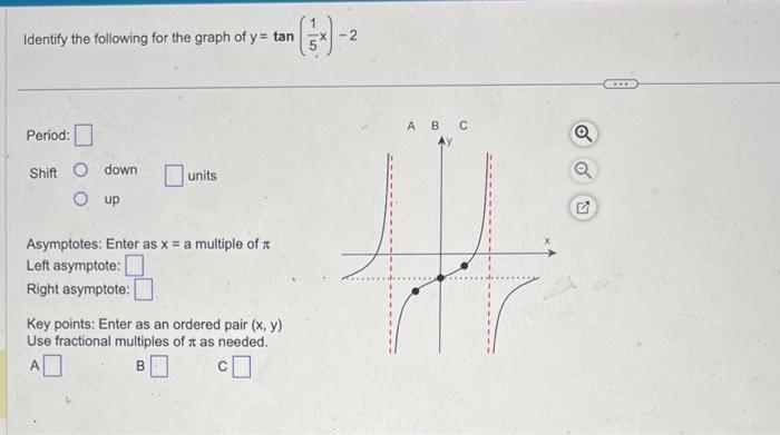 Solved Identify the following for the graph of y=tan(51x)−2 | Chegg.com