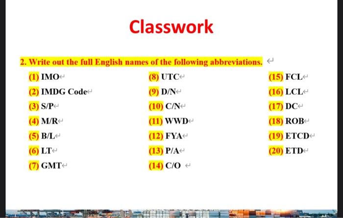 Classwork 2. Write out the full English names of the | Chegg.com