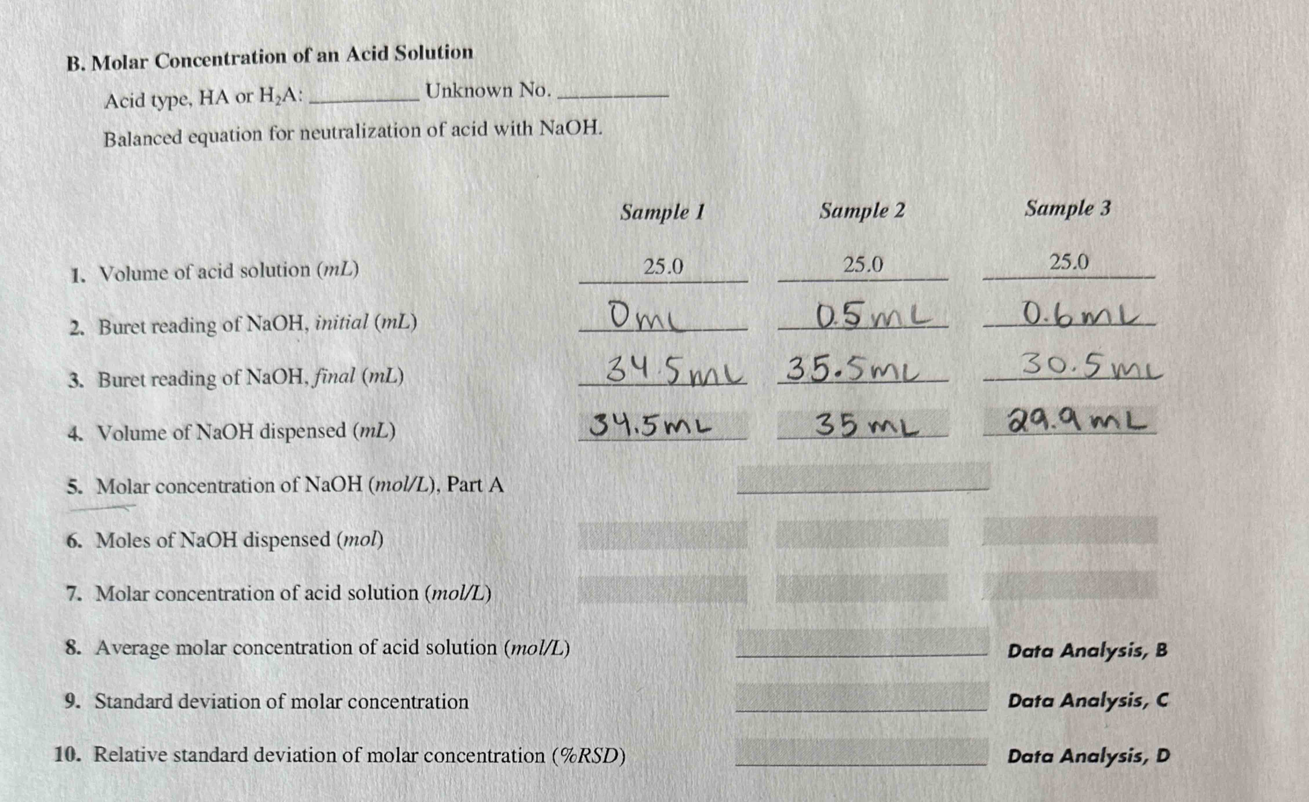 B. ﻿Molar Concentration of an Acid SolutionAcid type, | Chegg.com