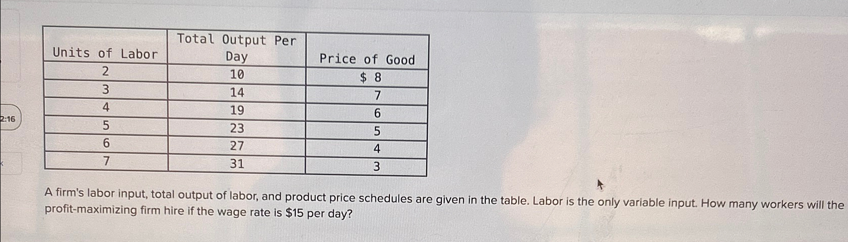 Solved \table[[Units of Labor,\table[[Total Output | Chegg.com