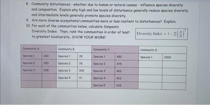 Solved 8. Community disturbances - whether due to human or | Chegg.com