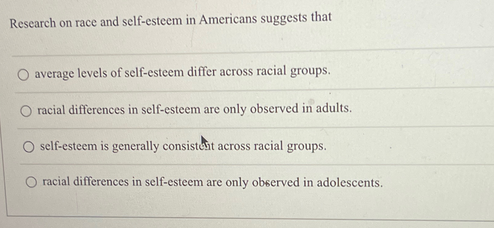 Solved Research on race and self-esteem in Americans | Chegg.com