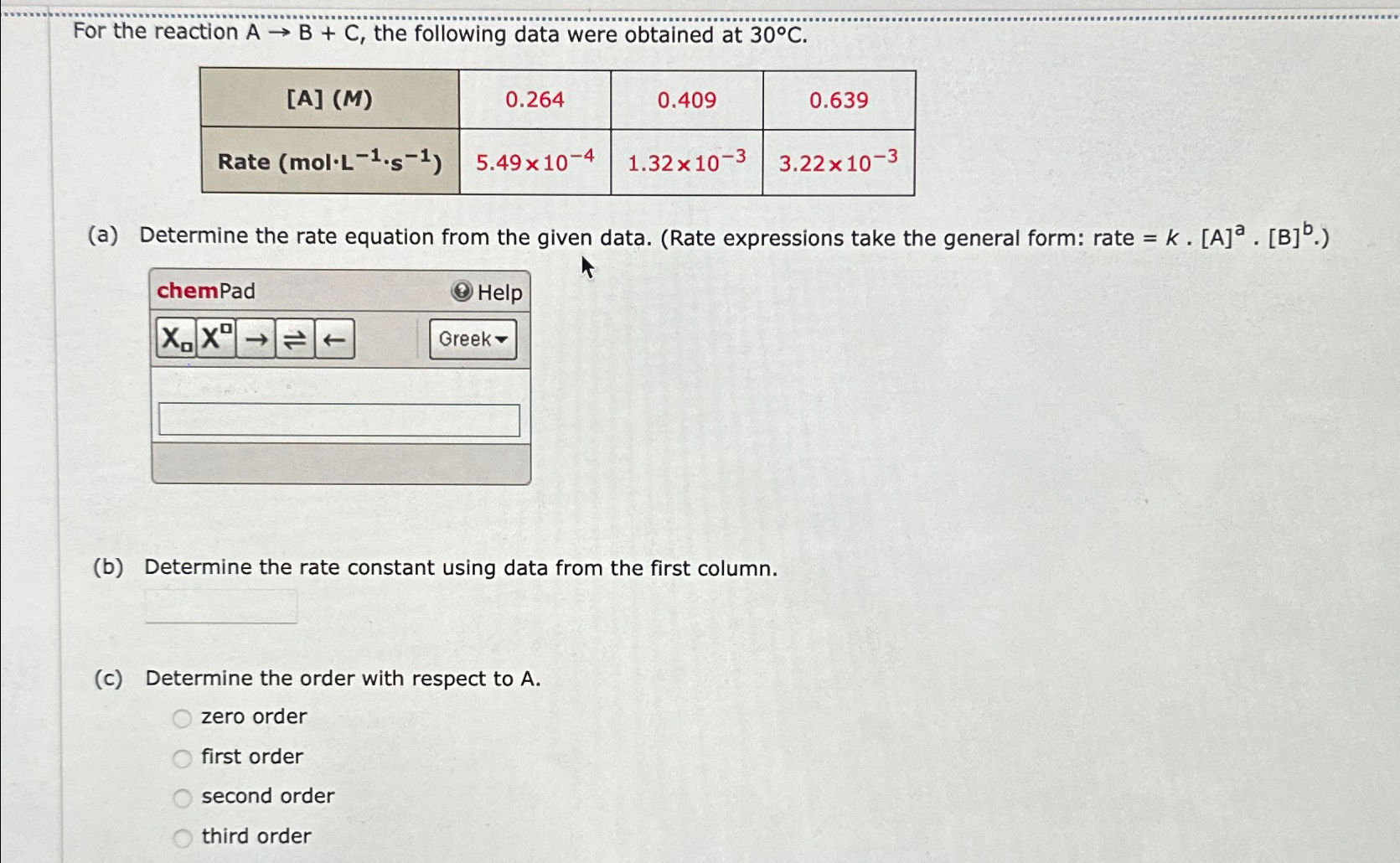 Solved For the reaction A→B+C, ﻿the following data were | Chegg.com