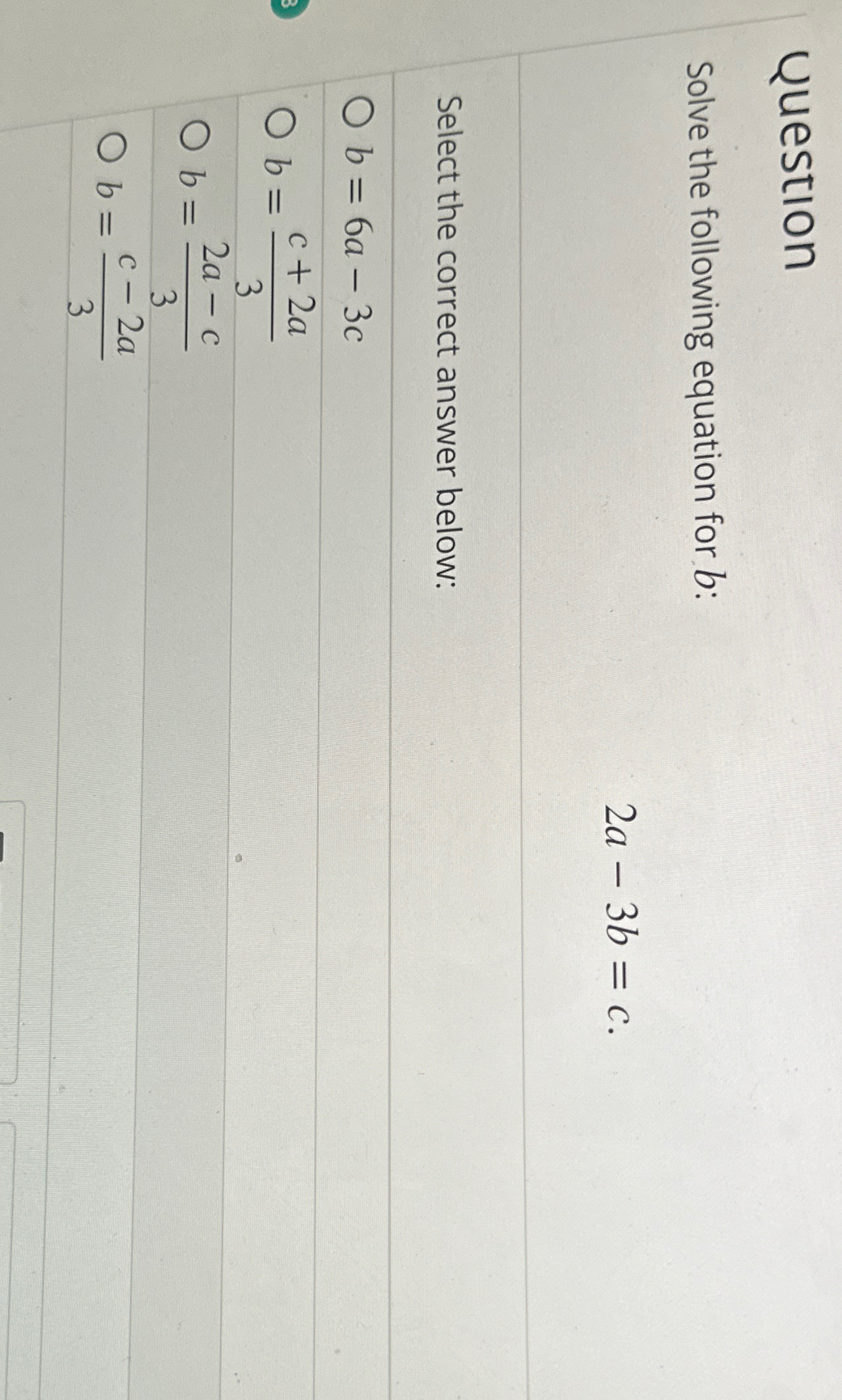 Solved QuestionSolve the following equation for b | Chegg.com