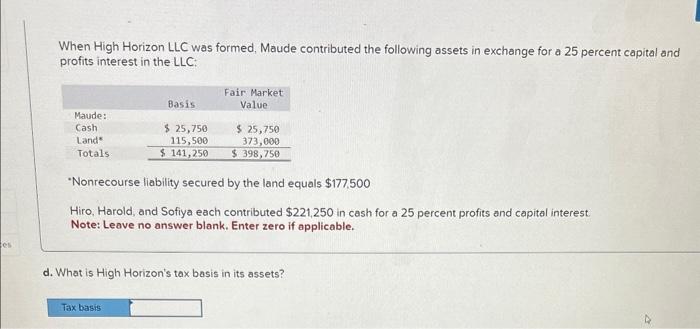 Solved When High Horizon LLC was formed, Maude contributed | Chegg.com