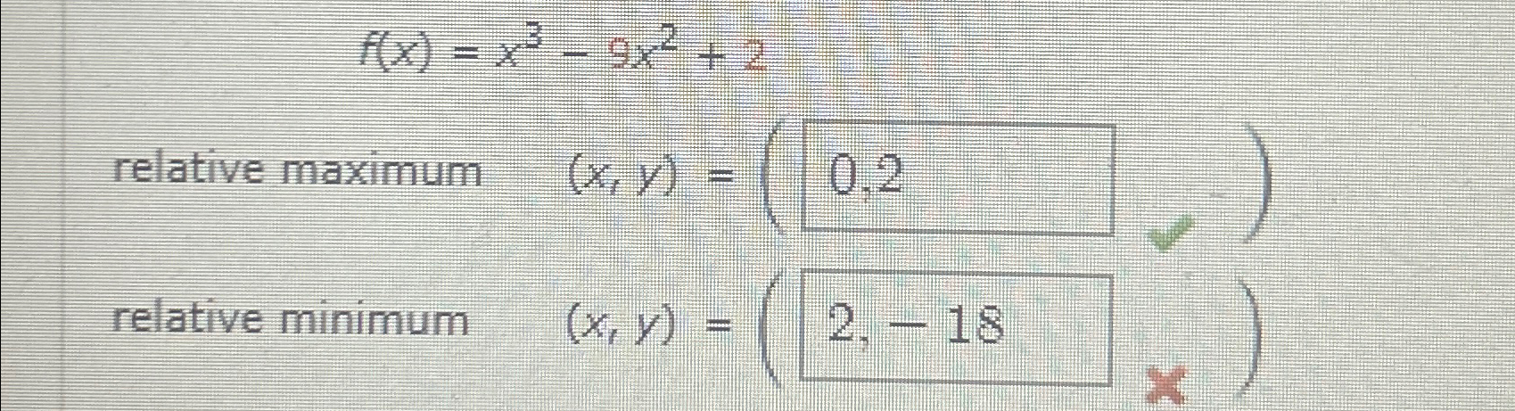 Solved f(x)=x3-9x2+2relative maximum (x,y)=(0,2)relative | Chegg.com