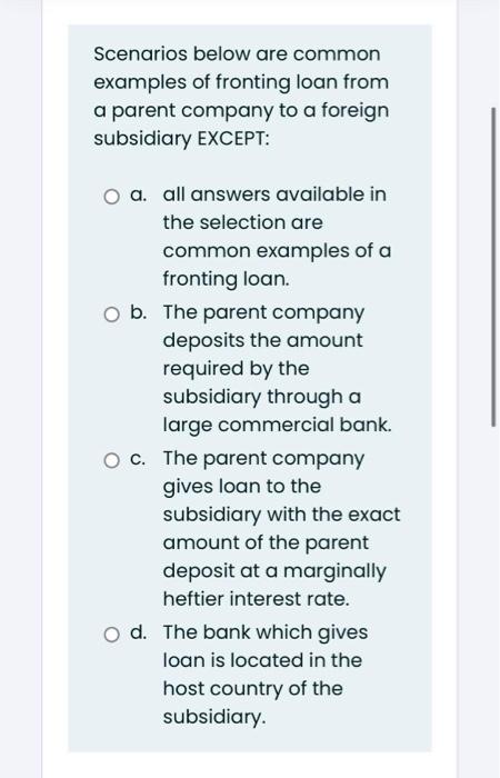 Solved Scenarios below are common examples of fronting loan | Chegg.com
