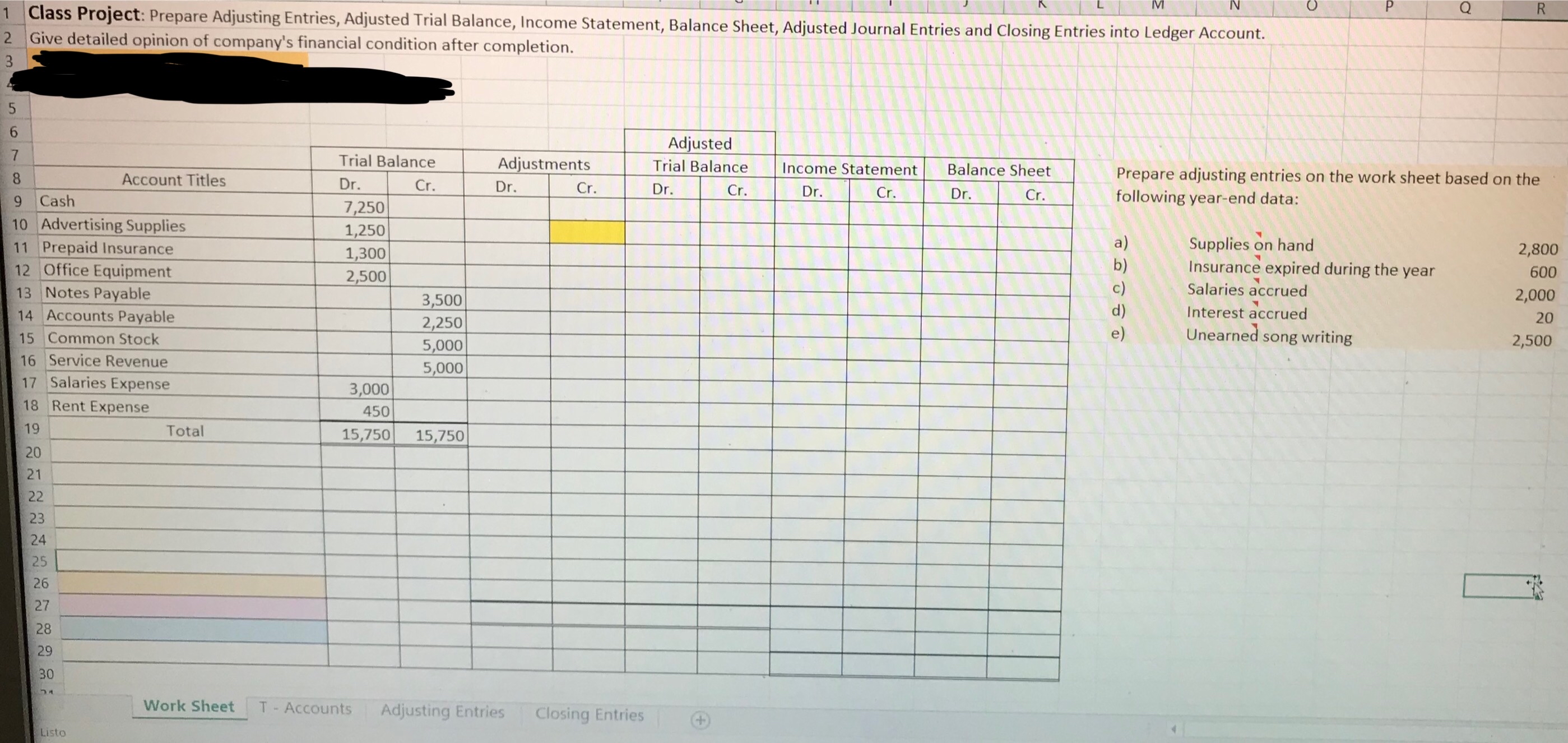 1 ﻿Class Project: Prepare Adjusting Entries, Adjusted | Chegg.com