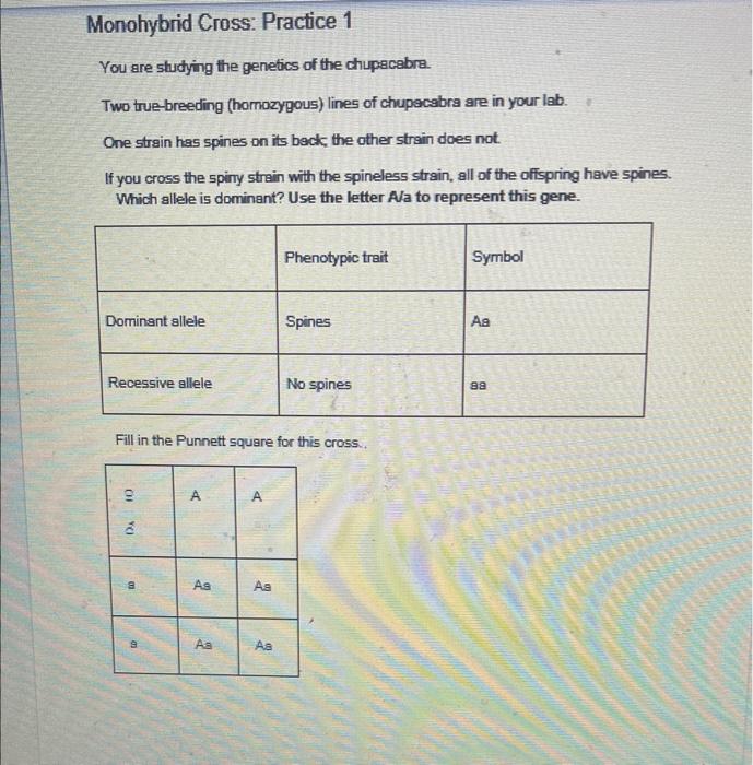 Solved Monohybrid Cross: Practice 1 You are studying the | Chegg.com