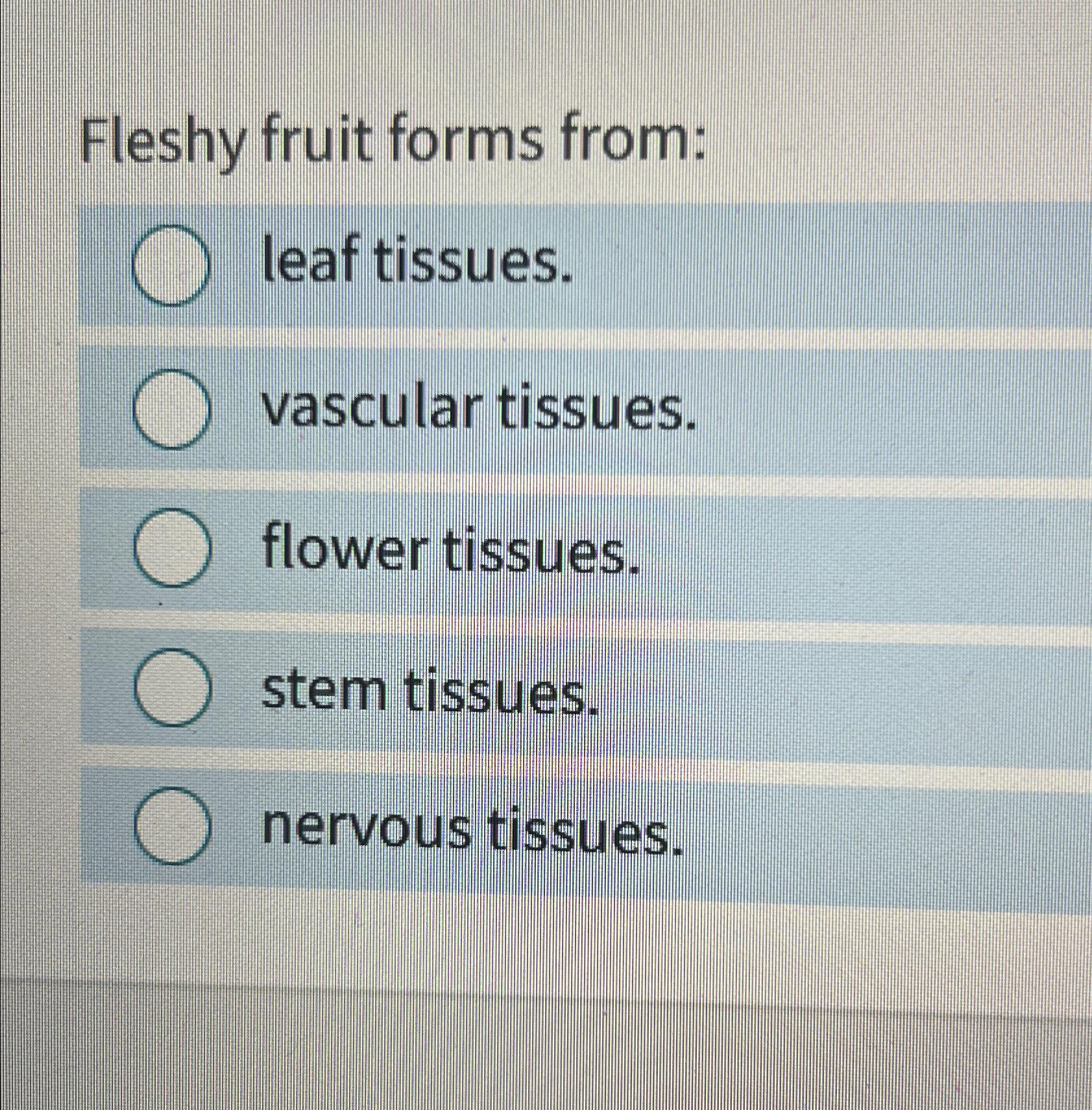Solved Fleshy fruit forms from:leaf tissues.vascular | Chegg.com