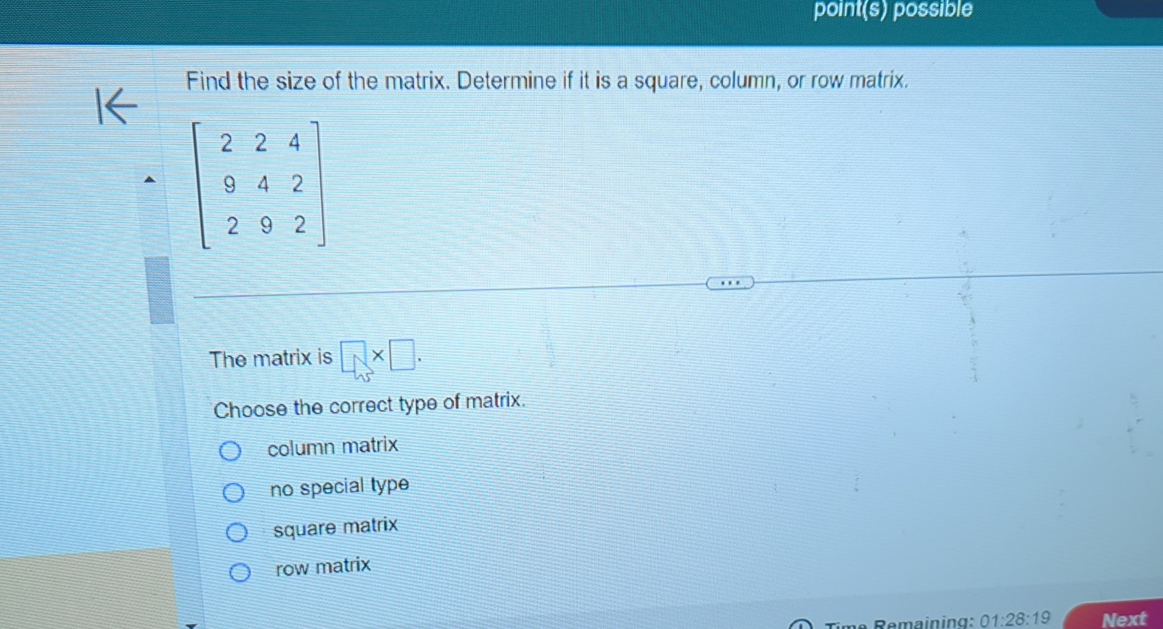 Solved point(s) ﻿possibleFind the size of the matrix. | Chegg.com