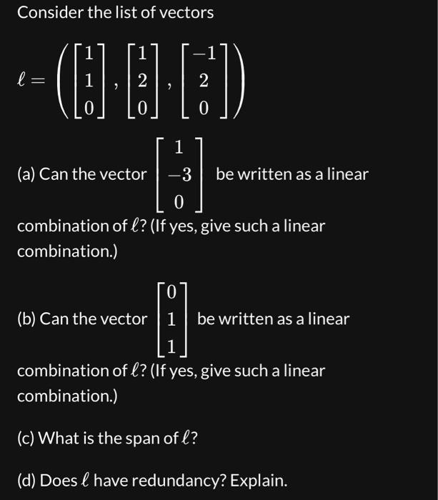 Solved Consider the list of vectors | Chegg.com