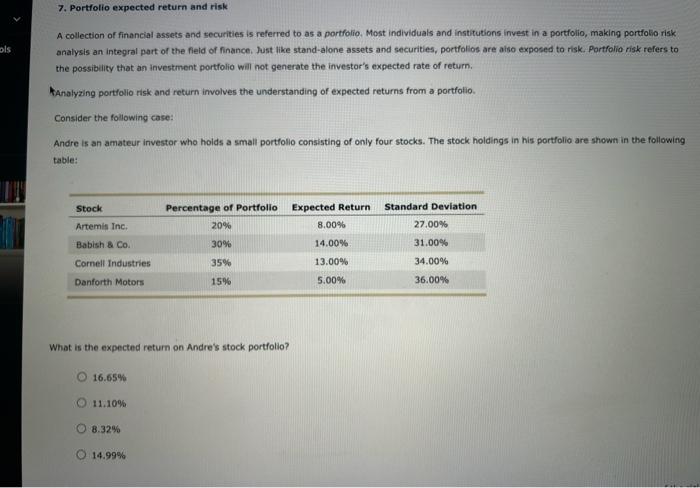 Solved 7. Portfolio expected return and risk A collection of | Chegg.com