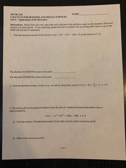 Solved MATH 1325 NAME CALCULUS FOR BUSINESS AND SOCIAL | Chegg.com