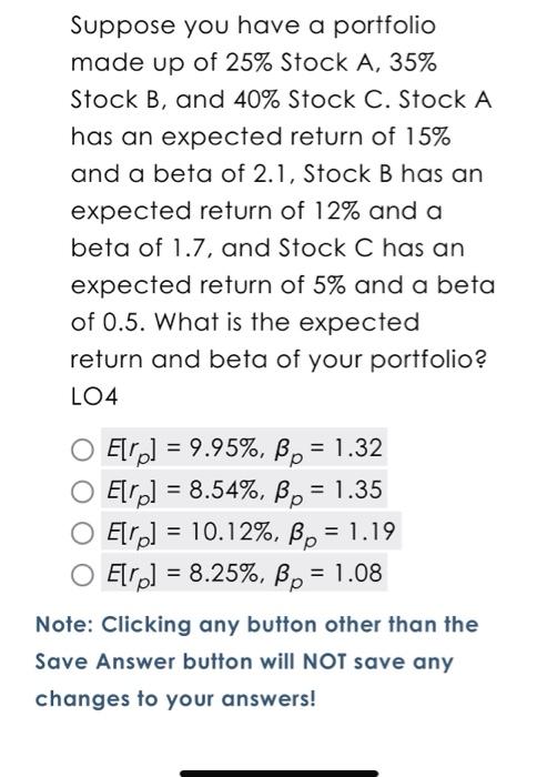 Solved Suppose you have a portfolio made up of 25% Stock A, | Chegg.com