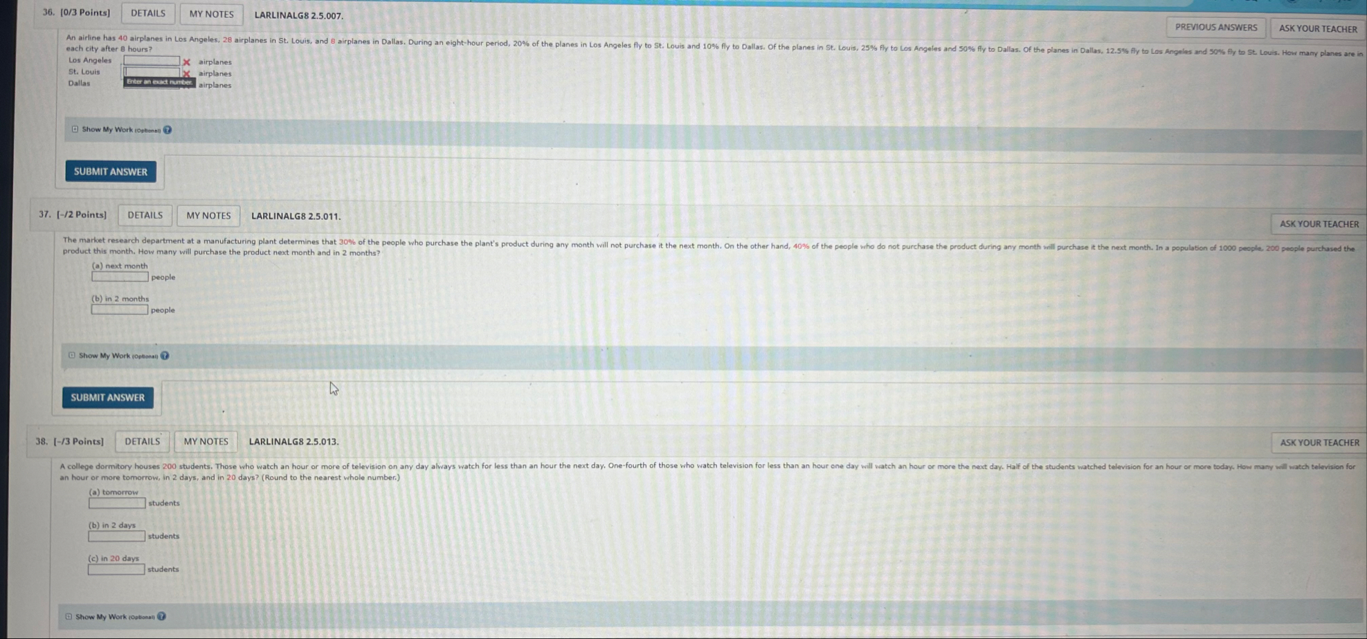 Solved [0/3 ﻿Points]LARLINALG8 2.5.007. ﻿each city after 8 | Chegg.com