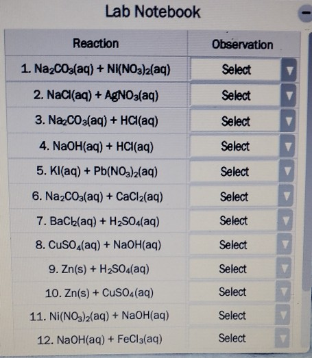Solved Lab Notebook Reaction Observation 1. Na2CO3(aq) + | Chegg.com