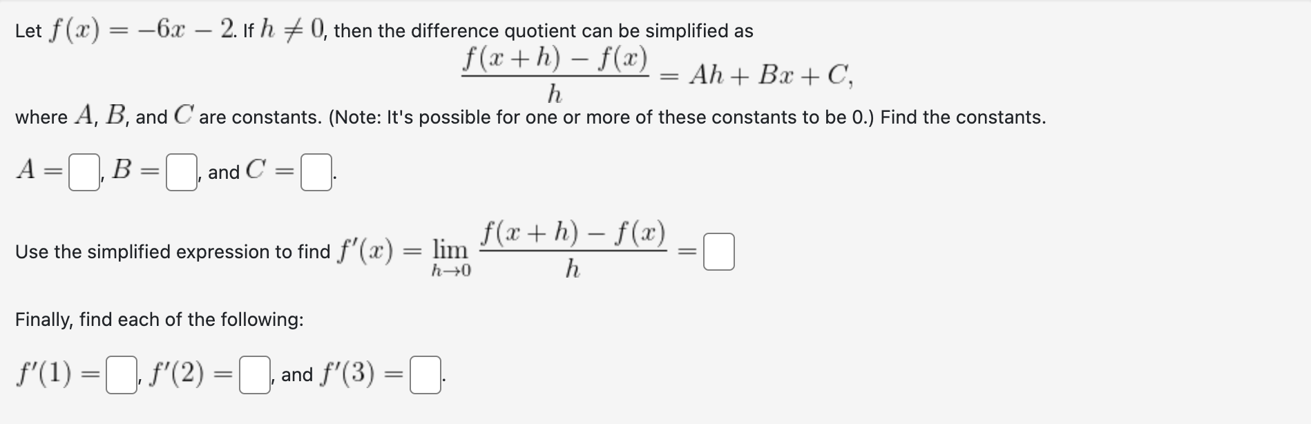 Solved Let f(x)=-6x-2. ﻿If h≠0, ﻿then the difference | Chegg.com