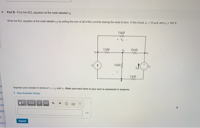 Solved Part B - Find the KCL equation at the node labeled ty | Chegg.com