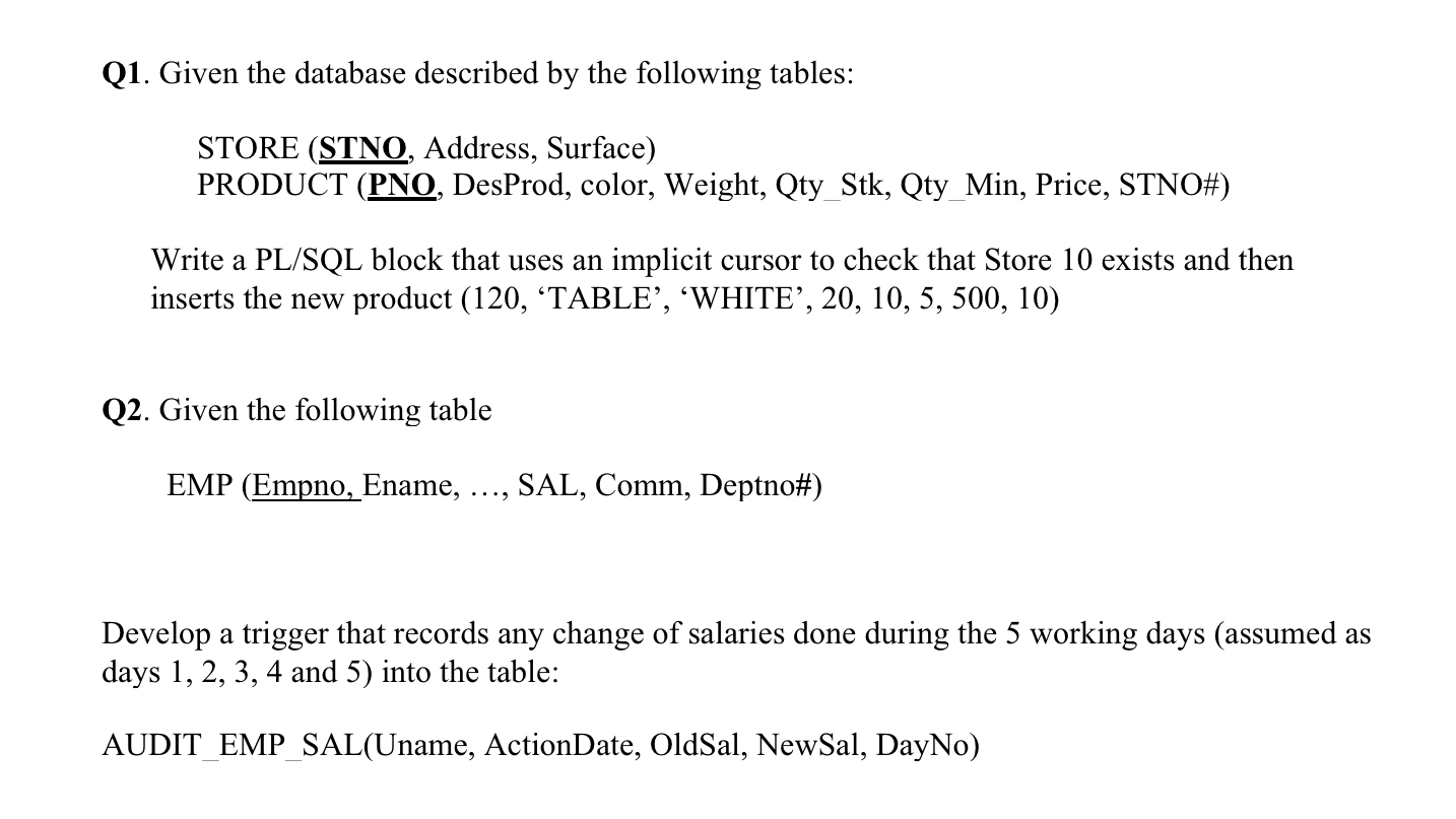 Solved Q1. ﻿Given the database described by the following | Chegg.com