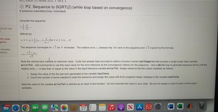 Solved P2. Sequence to SQRT(2) (while loop based on | Chegg.com