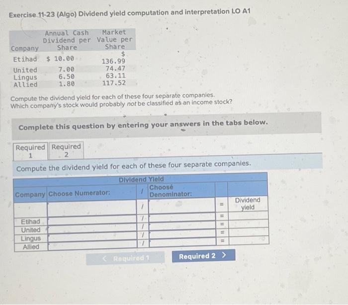 Exercise 11-23 (Algo) Dividend yield computation and | Chegg.com