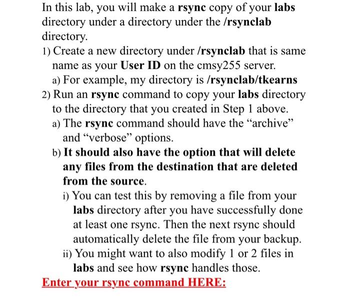 Solved In this lab, you will make a rsync copy of your labs | Chegg.com