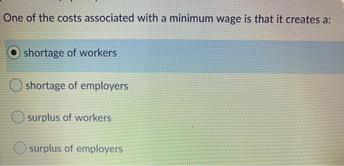 Solved One of the costs associated with a minimum wage is | Chegg.com