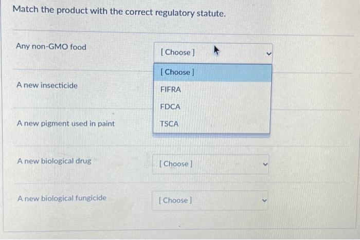 Solved Match the product with the correct regulatory | Chegg.com
