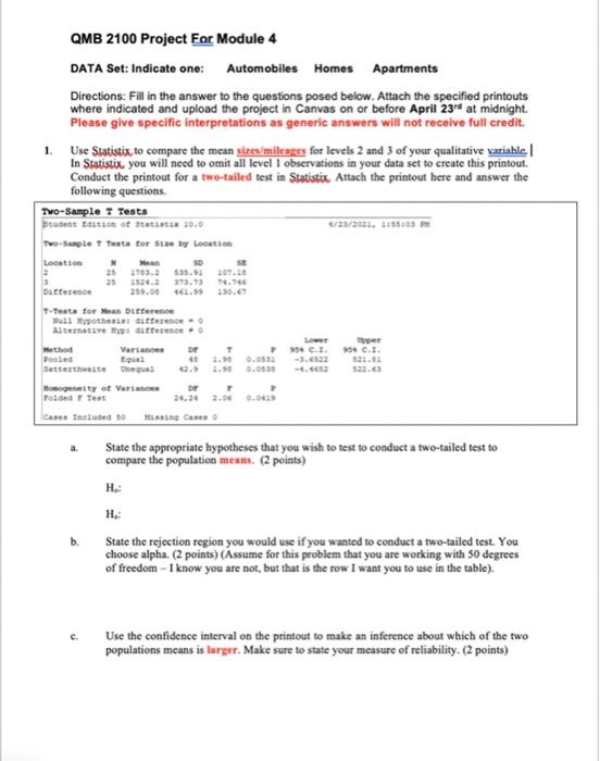 QMB 2100 Project For Module 4 DATA Set: Indicate one: | Chegg.com
