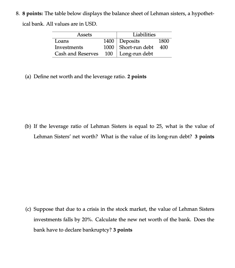 Solved 8. 8 ﻿points: The table below displays the balance | Chegg.com