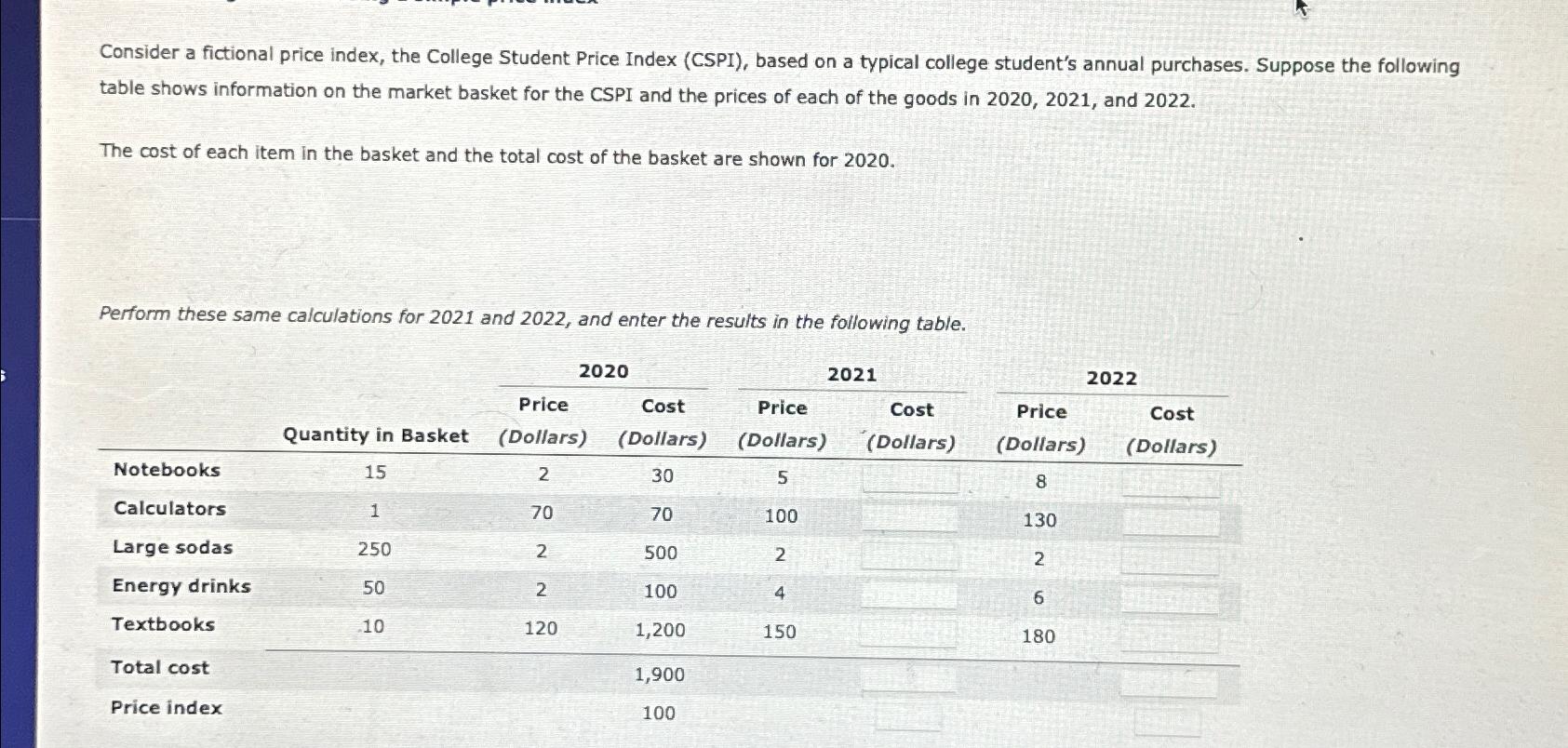 Solved Consider a fictional price index, the College Student | Chegg.com
