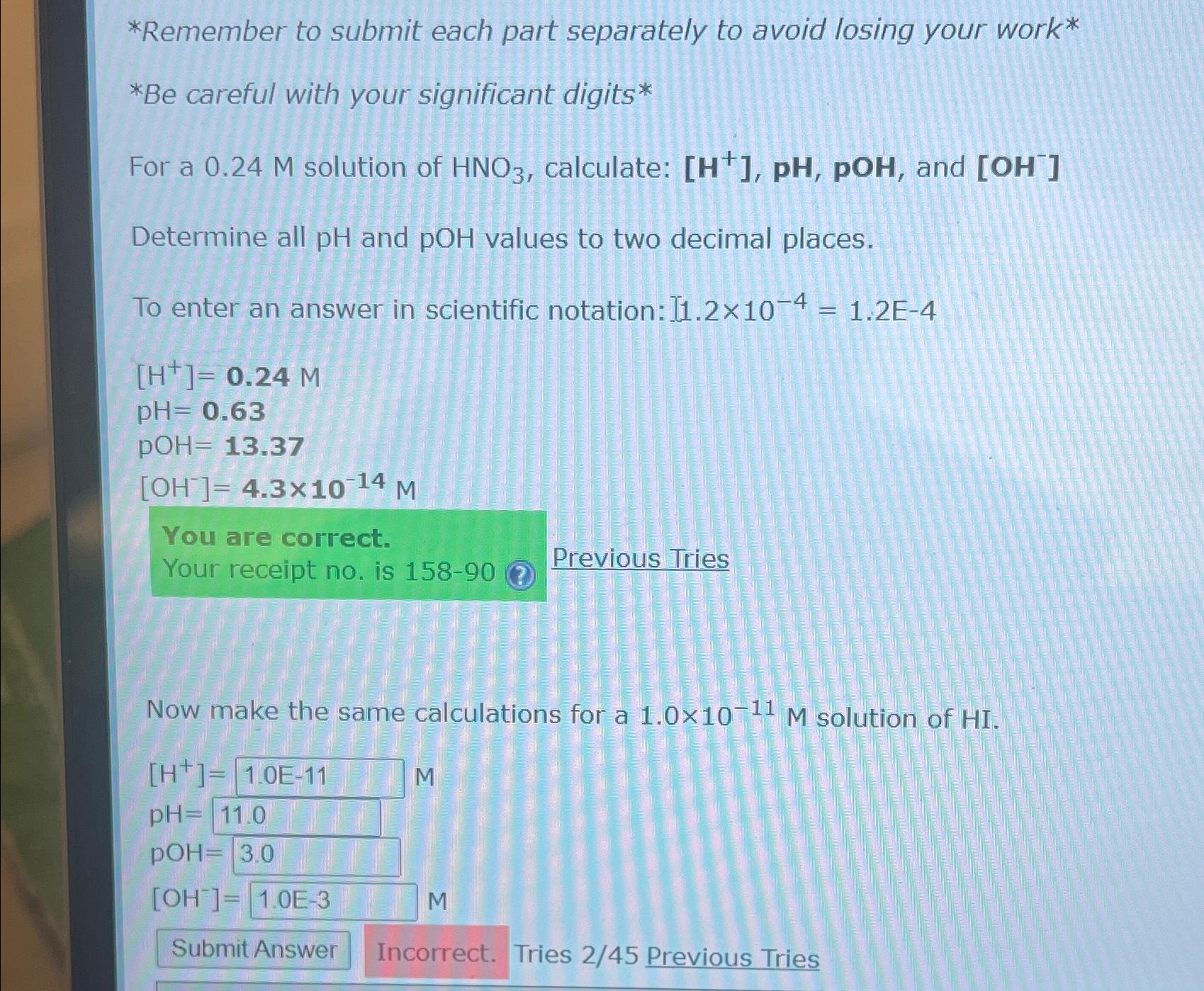 Solved For a 0.24M ﻿solution of HNO3, ﻿calculate: | Chegg.com