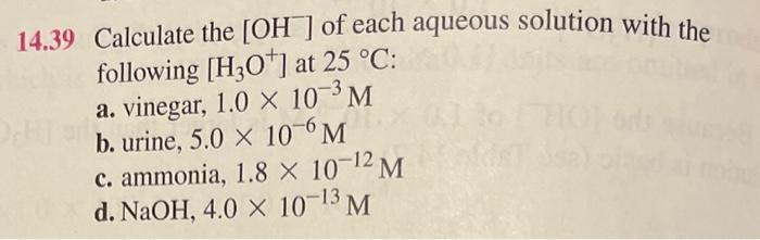 Solved 4.39 Calculate the [OH−]of each aqueous solution with | Chegg.com