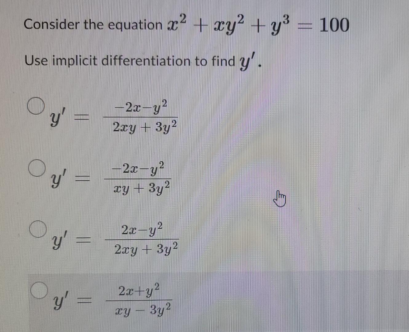 Solved Consider the equation x2 + xy2 + y3 = 100 Use | Chegg.com