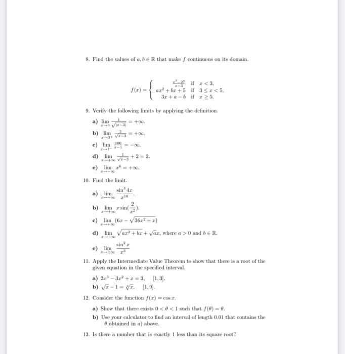Solved 8. Find the values of a,b∈R that make f continous on | Chegg.com