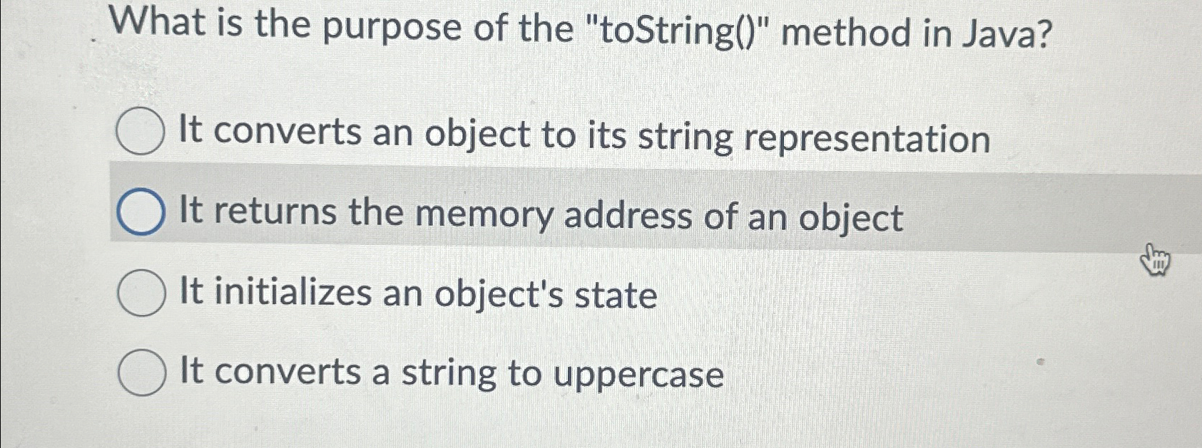 Solved What is the purpose of the "toString()" ﻿method in | Chegg.com
