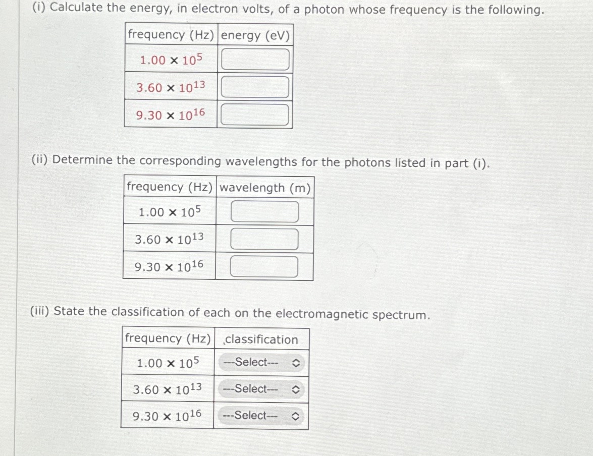 Solved (i) ﻿Calculate the energy, in electron volts, of a | Chegg.com