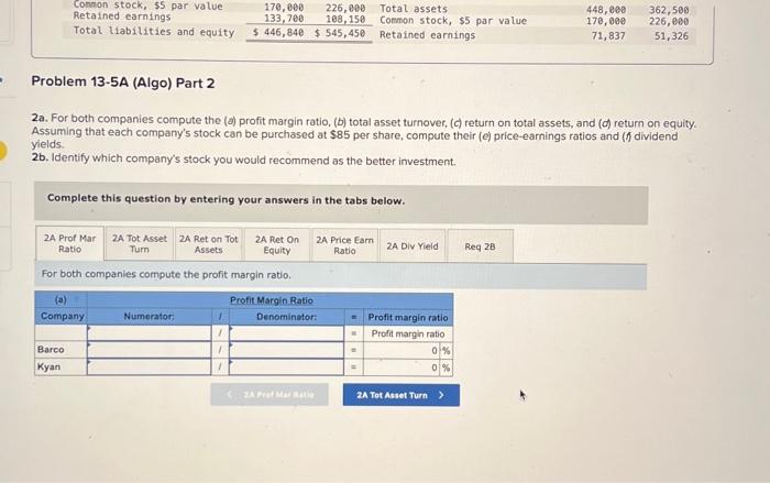 Solved Problem 13-5A (Algo) Comparative ratio analysis LO P3 | Chegg.com
