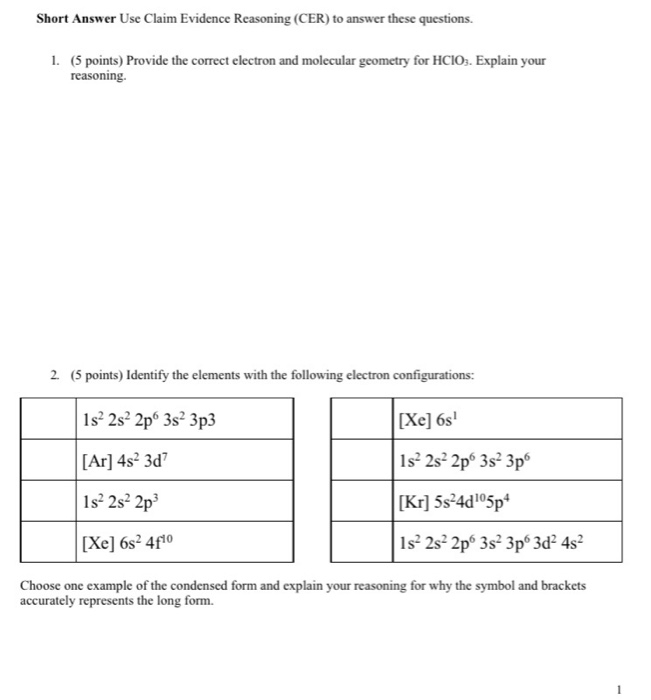Solved Short Answer Use Claim Evidence Reasoning (CER) to | Chegg.com